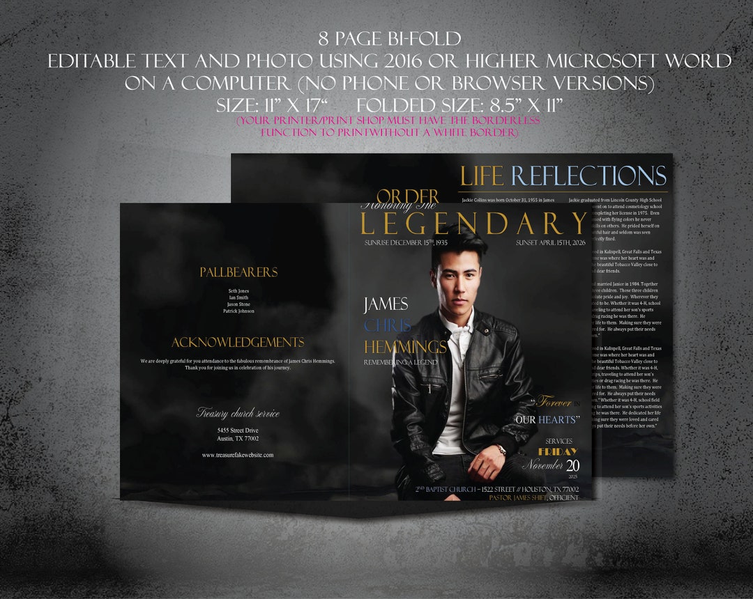 Funeral Program Template 8 Page Magazine Style 11 X - Etsy