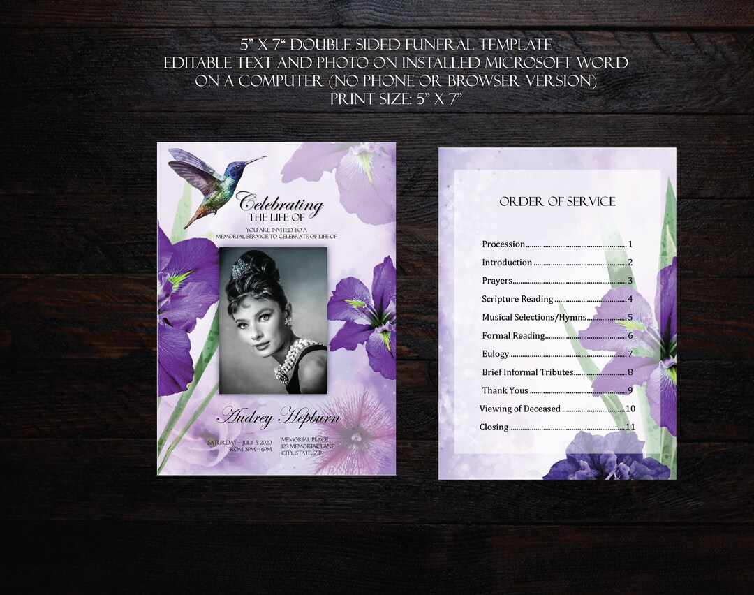 Purple Iris Hummingbird Funeral Card: 5x7 Memorial Invitation (DOCX) - Etsy
