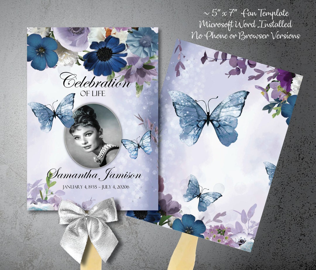 Printable Funeral Fan Template, Lavender Blue Flowers Butterflies ...