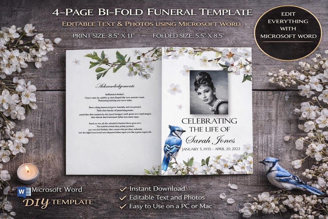 White Cherry Blossoms Blue Jay Funeral Program Template: Printable ...