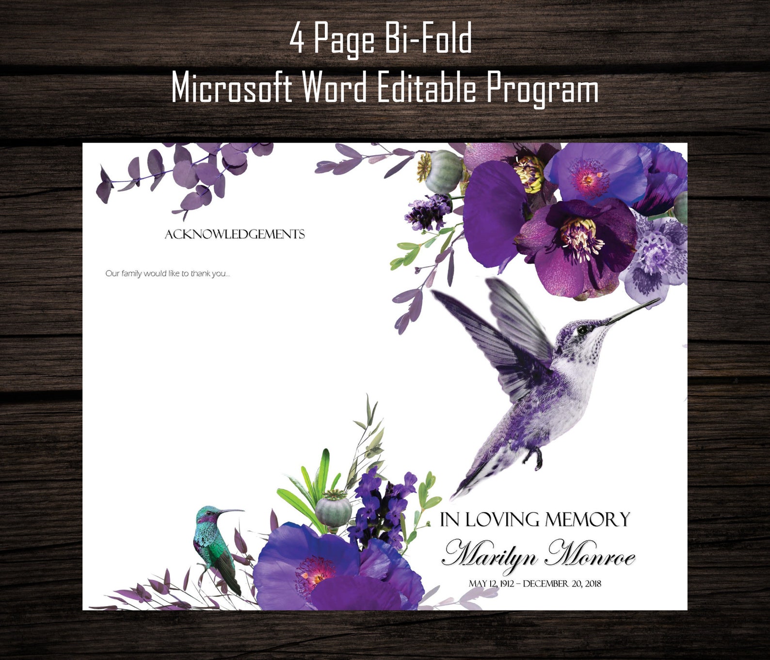 Purple Garden Hummingbirds Printable Memorial Program | Etsy