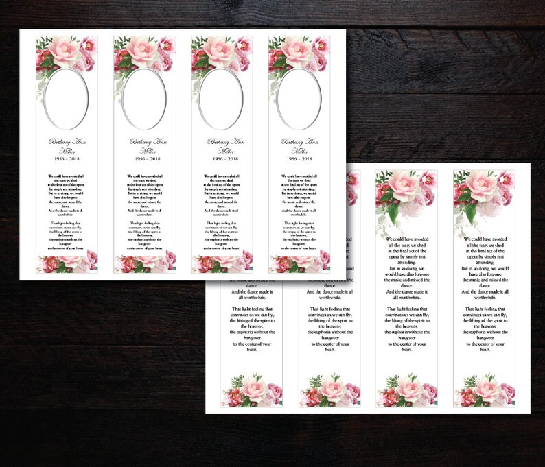 DIY Pink Peony Funeral Bookmark Template Diy Memorial | Etsy