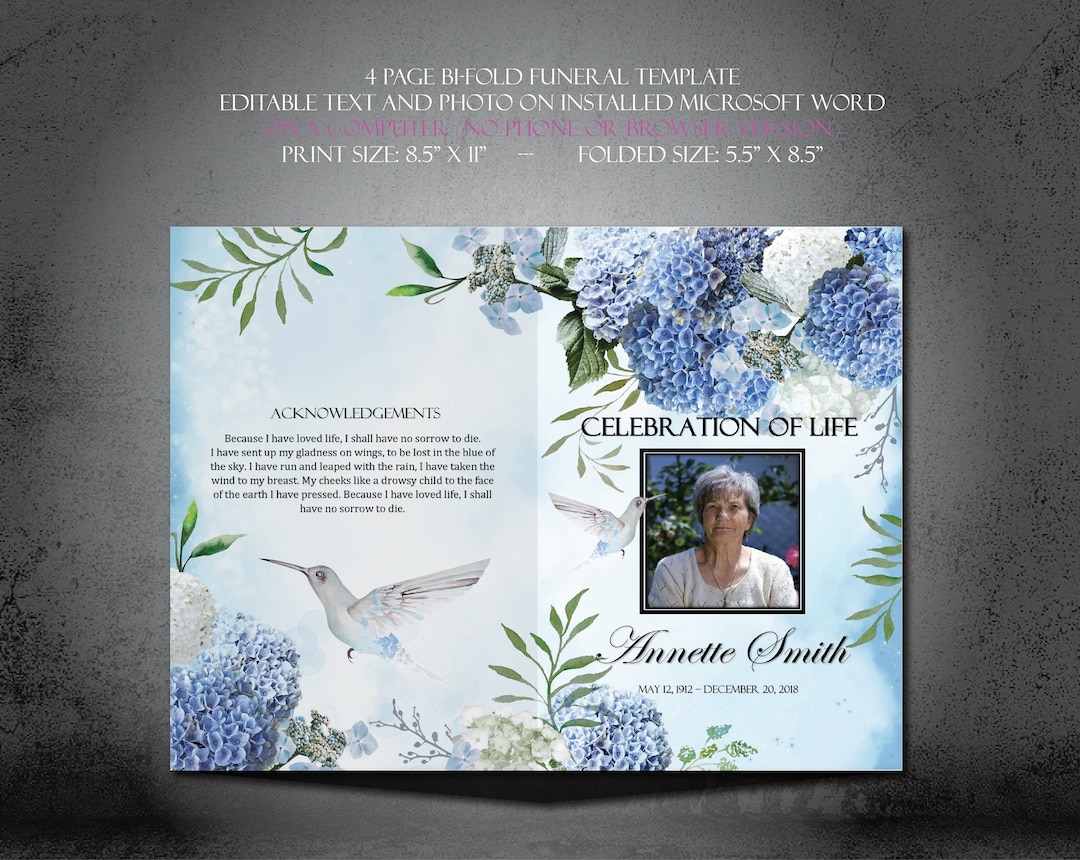 Funeral Program Template Watercolor Blue Hydrangeas Hummingbird ...