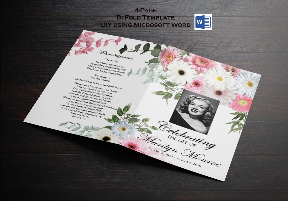 FUNERAL PROGRAM Template Printable Pink Gerbera Daisy | Etsy
