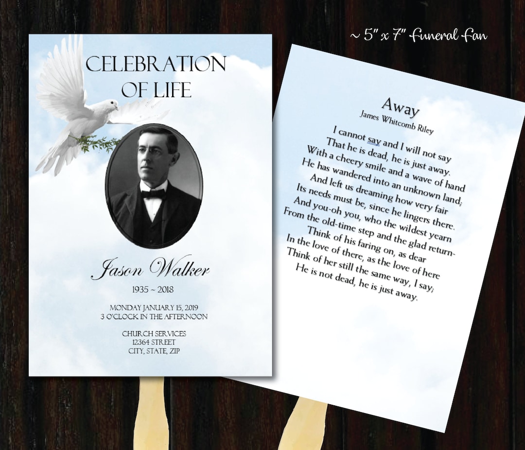 DIY Printable 5x7 Funeral Template, White Clouds & Dove Male Funeral ...