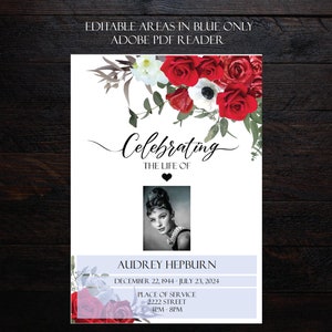 PDF Red Roses Funeral Announcement Celebration of Life - Etsy