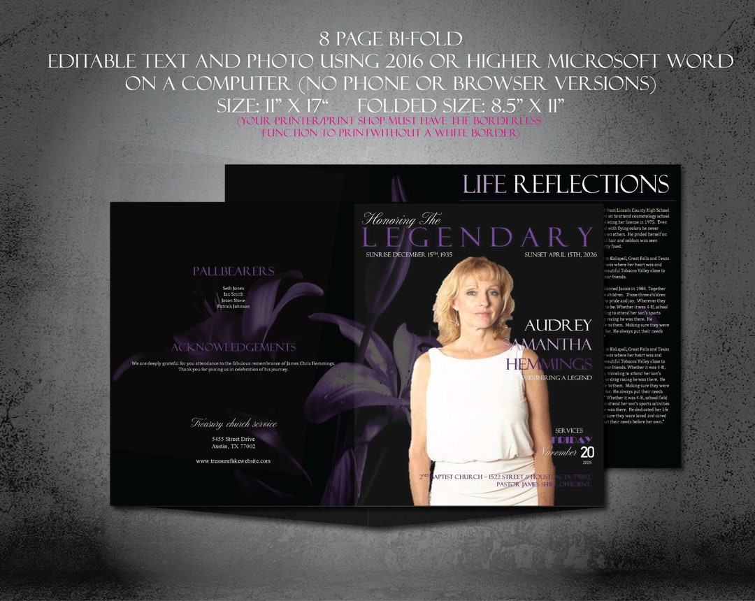 Funeral Program Template 8 Page Magazine Style 11 X - Etsy