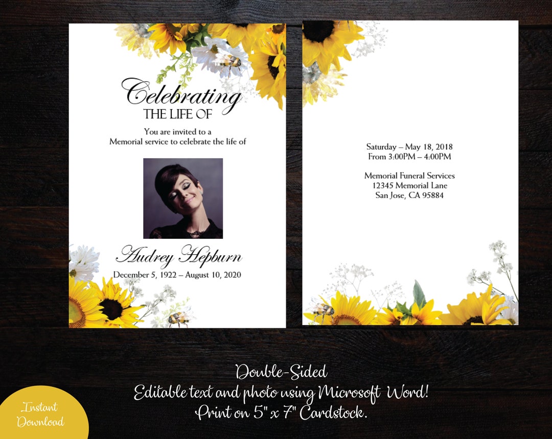 Sunflowers & Bees Funeral Announcement Celebration of Life Memorial ...