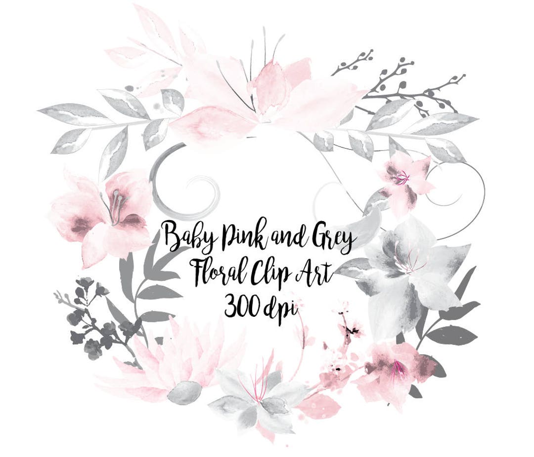 Watercolor Baby Pink & Grey Floral Clip Art High Resolution Graphic ...