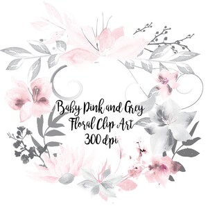 Watercolor Baby Pink & Grey Floral Clip Art High Resolution Graphic ...