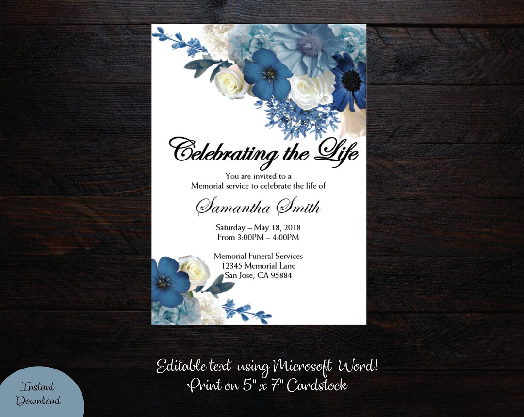 Blue Flowers Floral Funeral Announcement | Celebration of Life ...