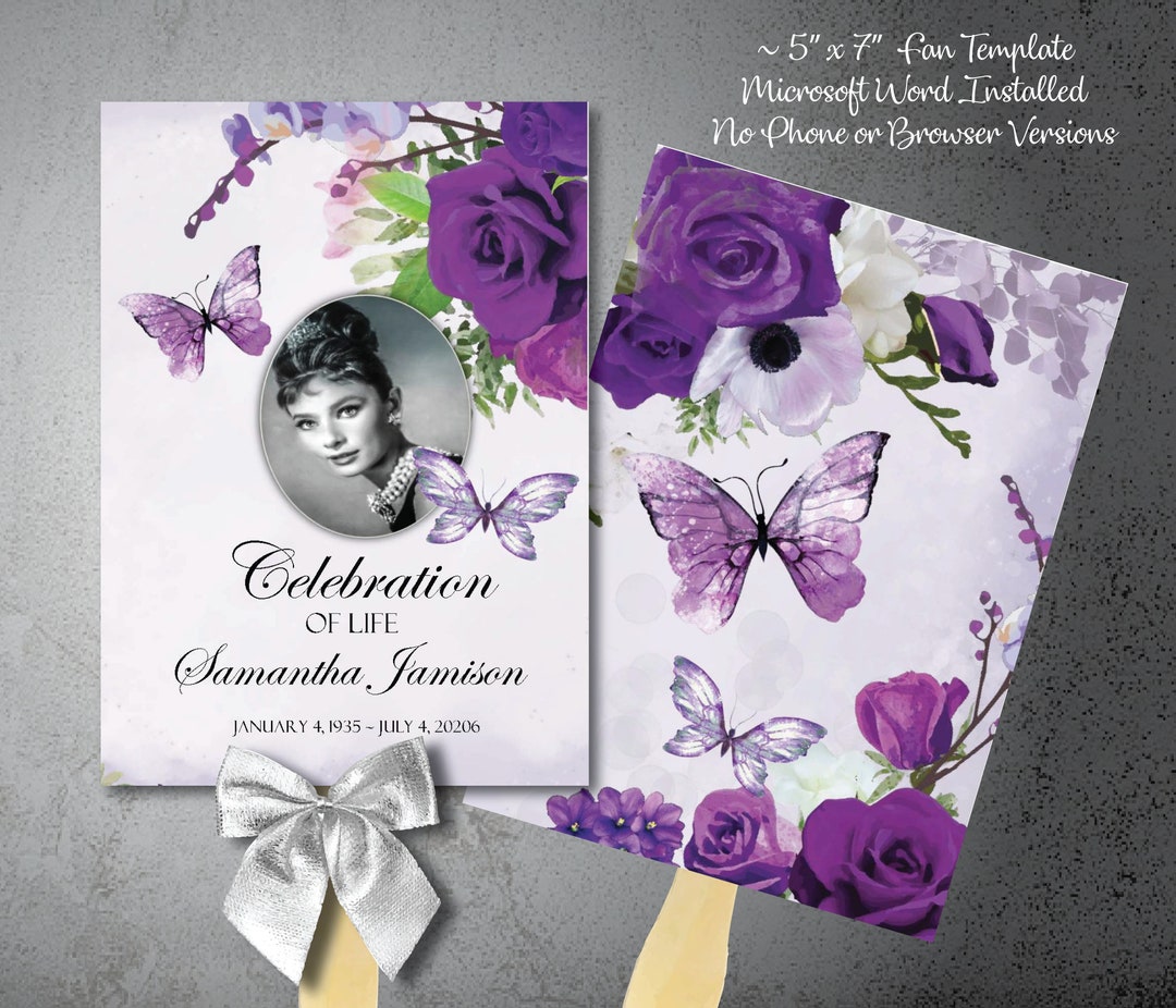 Purple Roses Funeral Fan Template: Editable Memorial Keepsake (5x7 ...