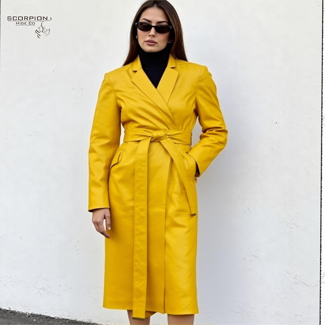 Women’s Yellow Leather Trench Coat – Handmade Genuine Sheep Leather ...