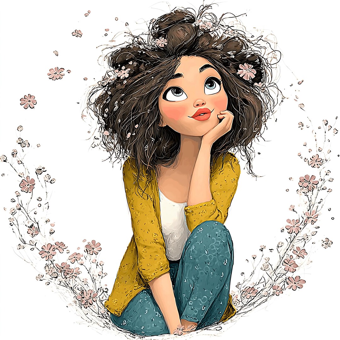 25 Spring Cartoon Girl Clipart – Cute Quirky Girl With Flowers (PNG ...
