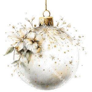 15 Elegant Christmas Baubles Clipart, White Gold Florals, Christmas ...