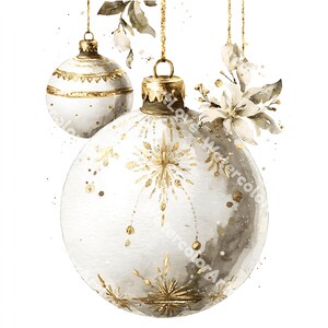15 Elegant Christmas Baubles Clipart, White Gold Florals, Christmas ...