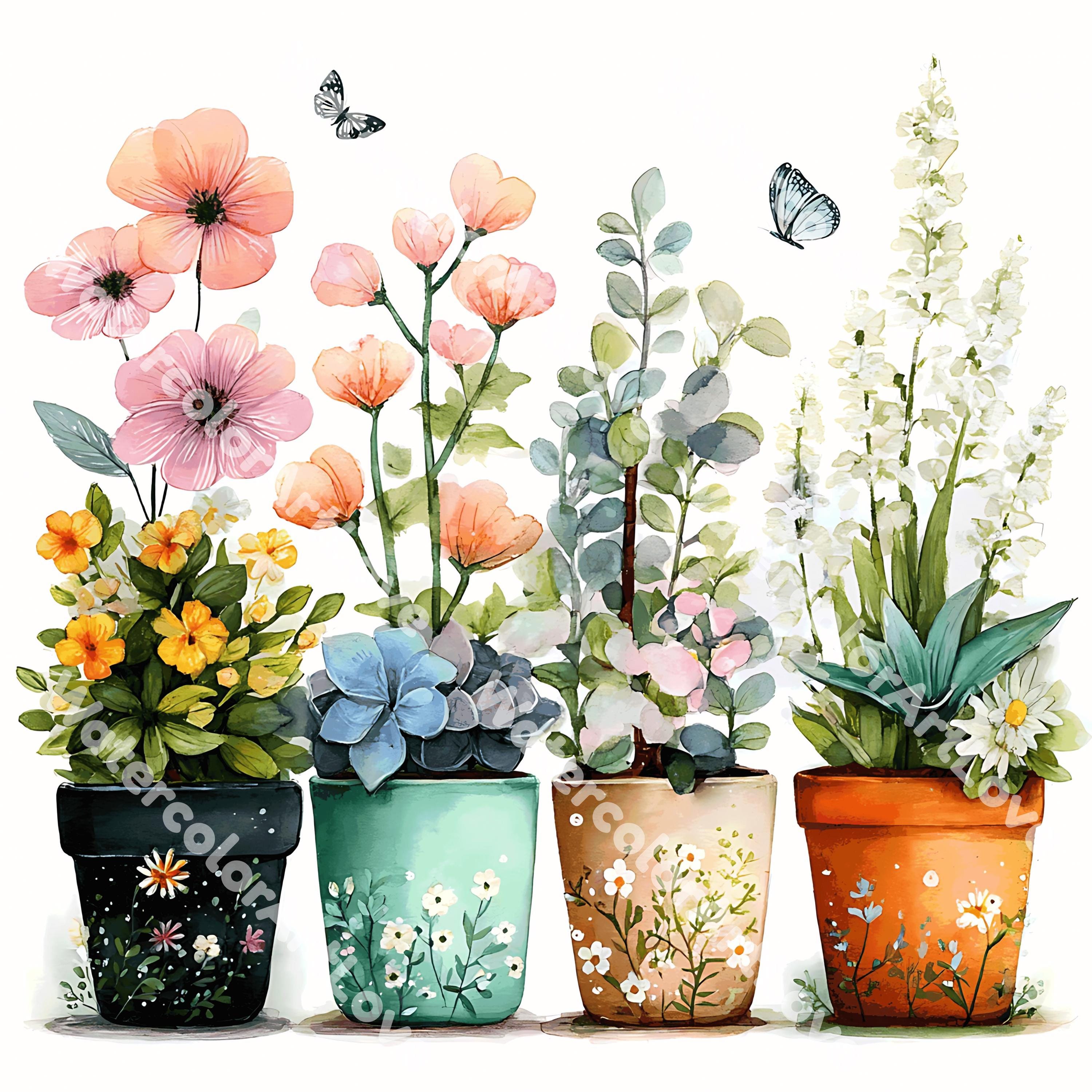 18 Watercolor Flower Clipart Whimsical Floral Pots - (digital Download ...