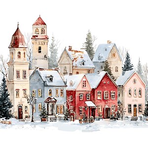 Christmas Town Clipart: Vintage Winter City Street Watercolor (pngs ...