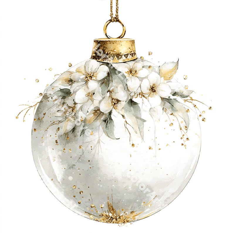 15 Elegant Christmas Baubles Clipart, White Gold Florals, Christmas ...