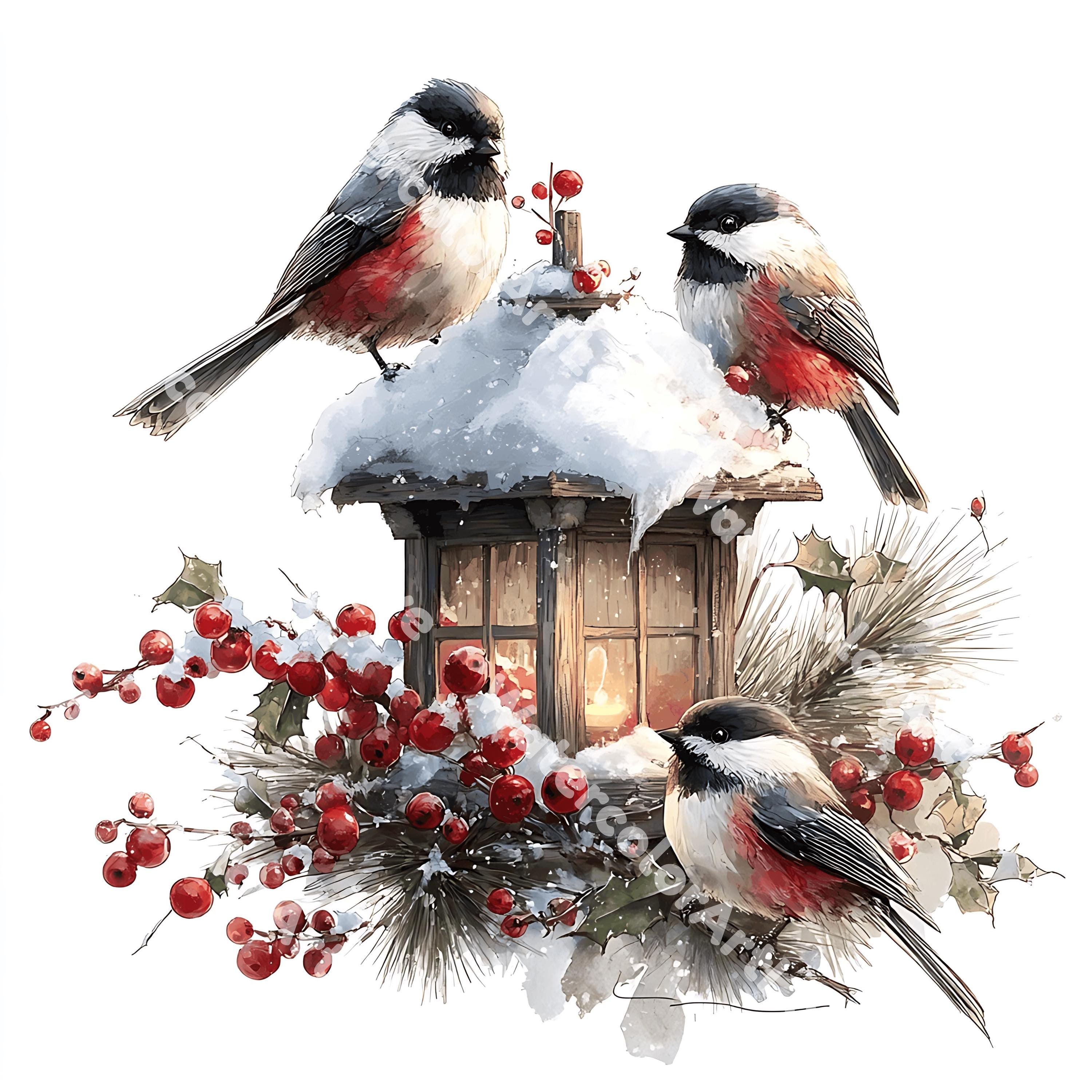 Christmas Bird Clipart Bundle, Winter Cardinal, Snowy Branches (digital ...