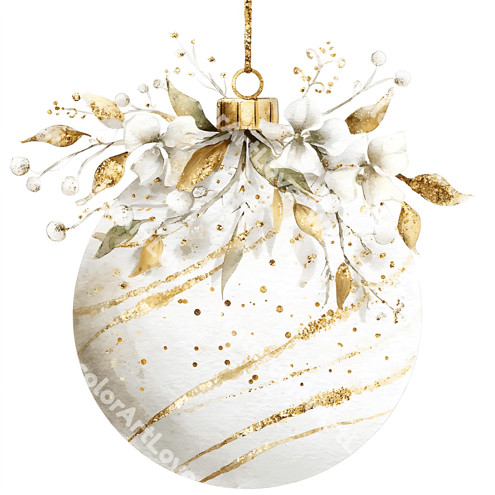 15 Elegant Christmas Baubles Clipart, White Gold Florals, Christmas ...