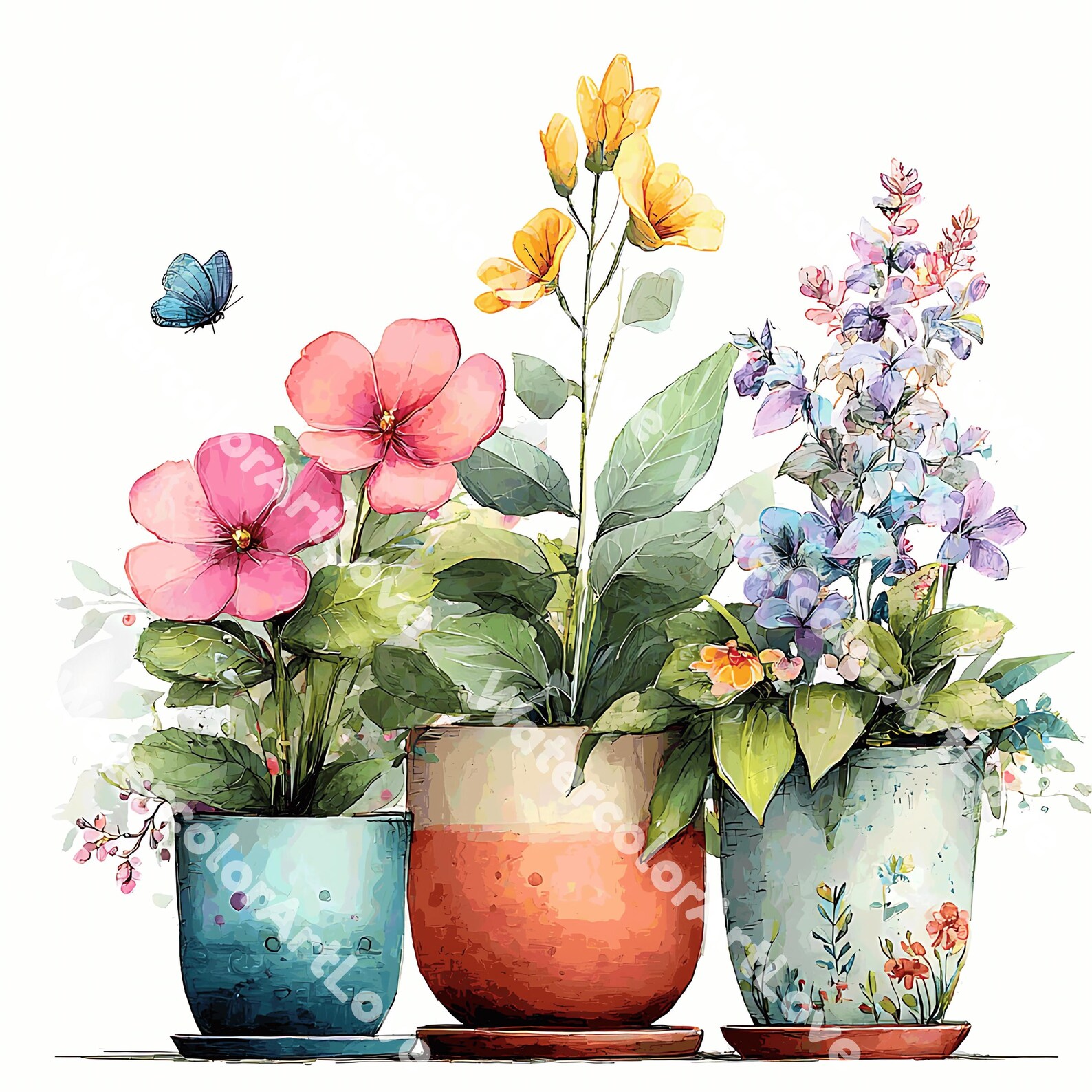 18 Watercolor Flower Clipart Whimsical Floral Pots - (digital Download ...