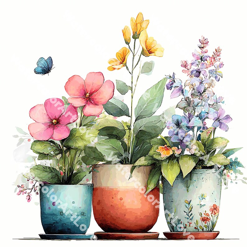 18 Watercolor Flower Clipart Whimsical Floral Pots - (digital Download ...