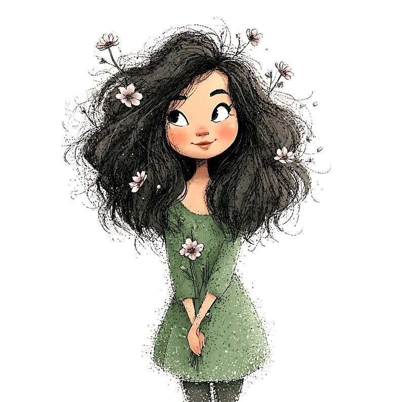 25 Spring Cartoon Girl Clipart – Cute Quirky Girl With Flowers (PNG ...
