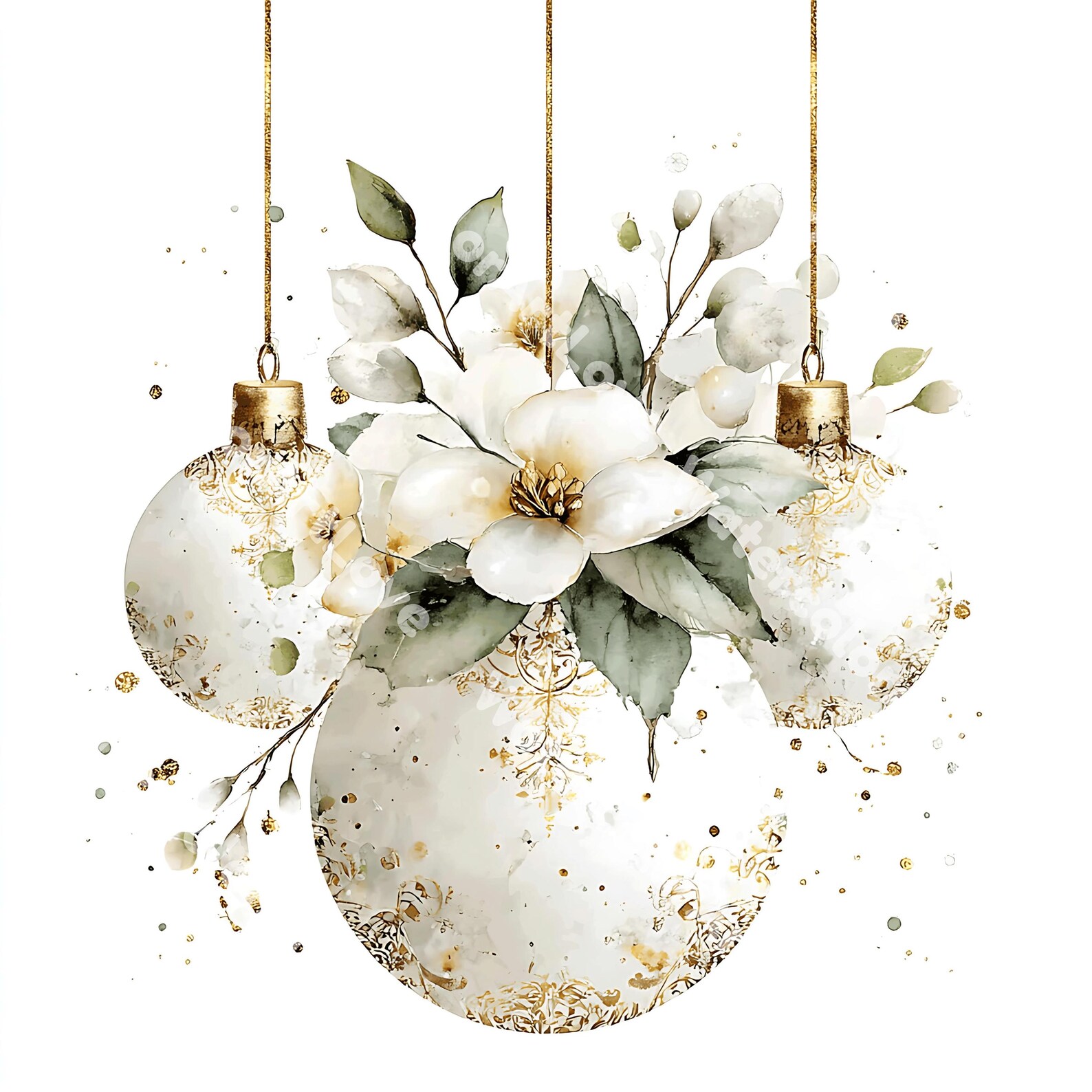 15 Elegant Christmas Baubles Clipart, White Gold Florals, Christmas ...