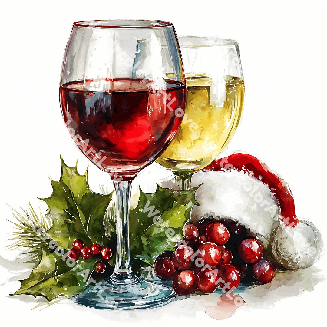 24 Christmas Wine Clipart, Holiday Wine Glass, Festive Drink - (digital ...
