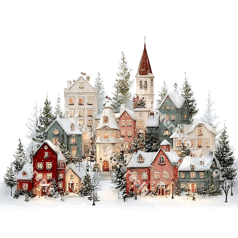 Christmas Town Clipart: Vintage Winter City Watercolor ( Digital ...