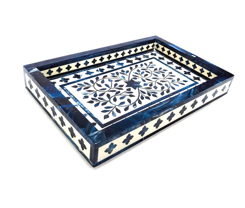 Navy Blue Resin Inlay Decorative Tray – Floral & Geometric Serving ...