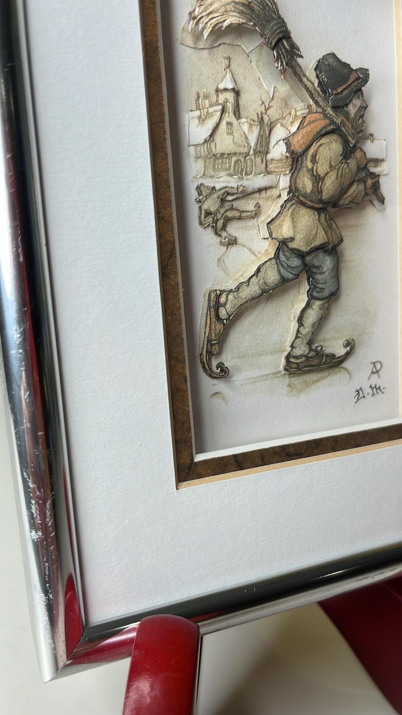 Vintage Anton Pieck 3D Paper Tole Shadow Box Art | Ice Skating Man ...