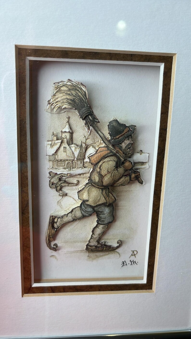 Vintage Anton Pieck 3D Paper Tole Shadow Box Art | Ice Skating Man ...