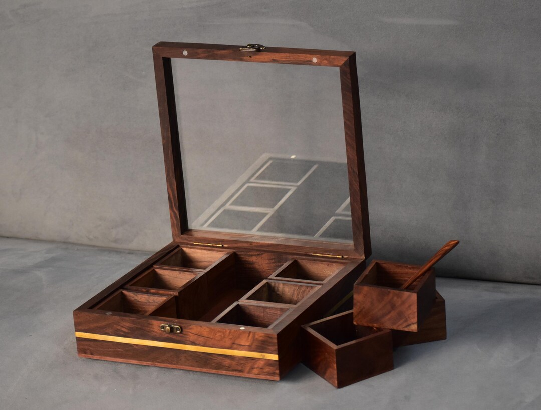 Handcrafted Rosewood Masala Dabba | Glass Lid Spice Box With Spoon - Etsy