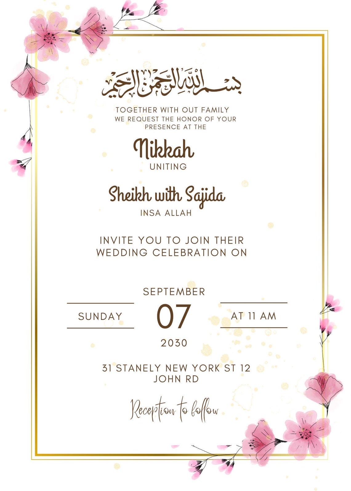 Elegant Floral Nikkah Walima Invitation, Modern Muslim Wedding Template ...