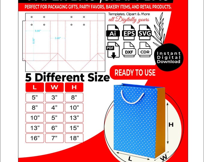 5 Paper Bag Dieline Bundle, Gift Bag Die Cut Templates, Shopping Bag ...