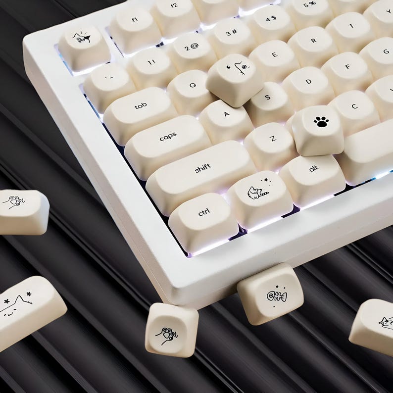Kitten Keycaps, 124 Keys, Kawaii Cat Keycap Set, Milky White PBT ...