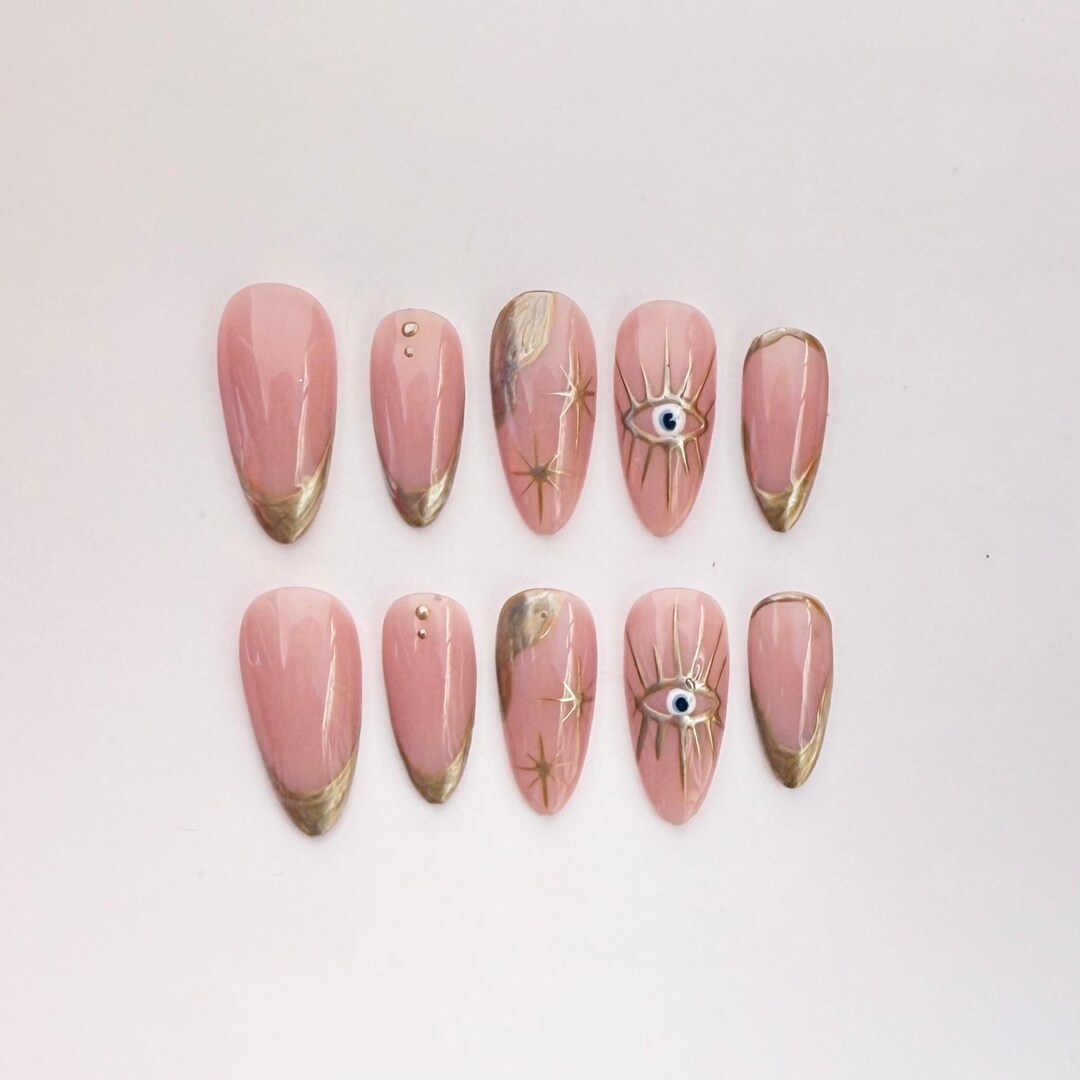 Hand Painted Pink Gold Evil Eye Press on Nails | Almond French Tip - Etsy