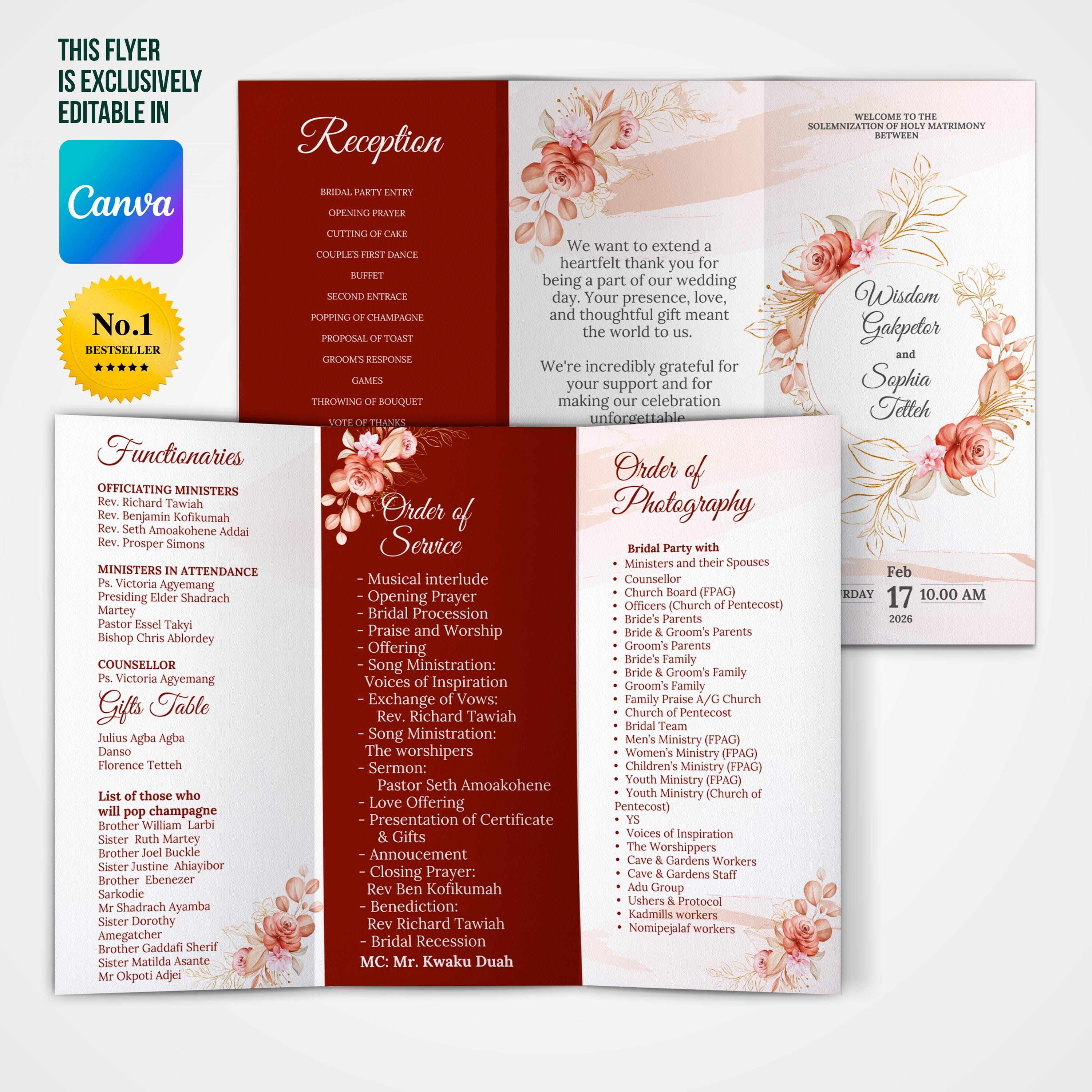 Trifold Wedding Program Template: Editable Ceremony & Reception Details ...