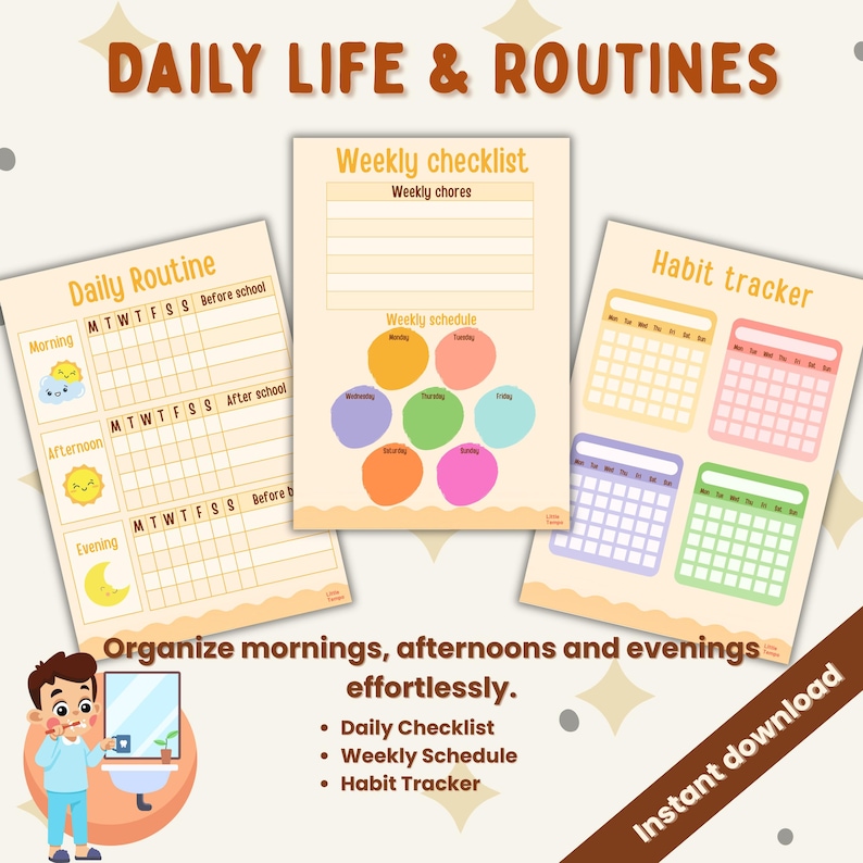 Kids Routine Chart Printable Kit | Children Chore Daily Planner ...