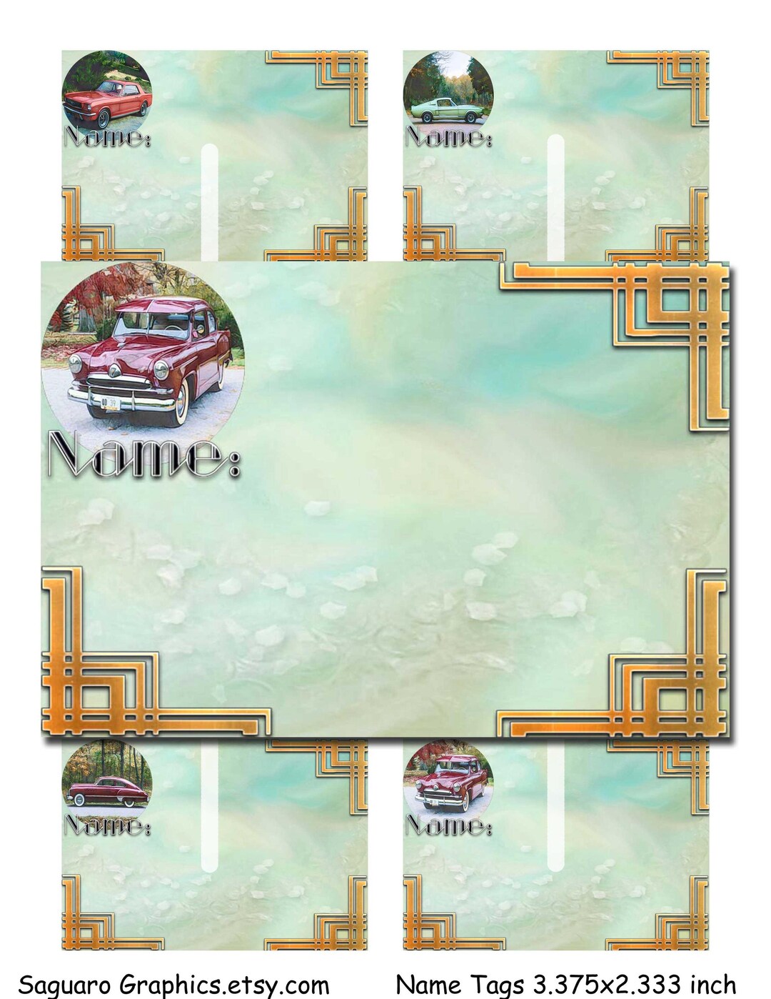 Antique Cars Sketch/abstract Art 3.375x2.333 Inch Name Tags Collage ...