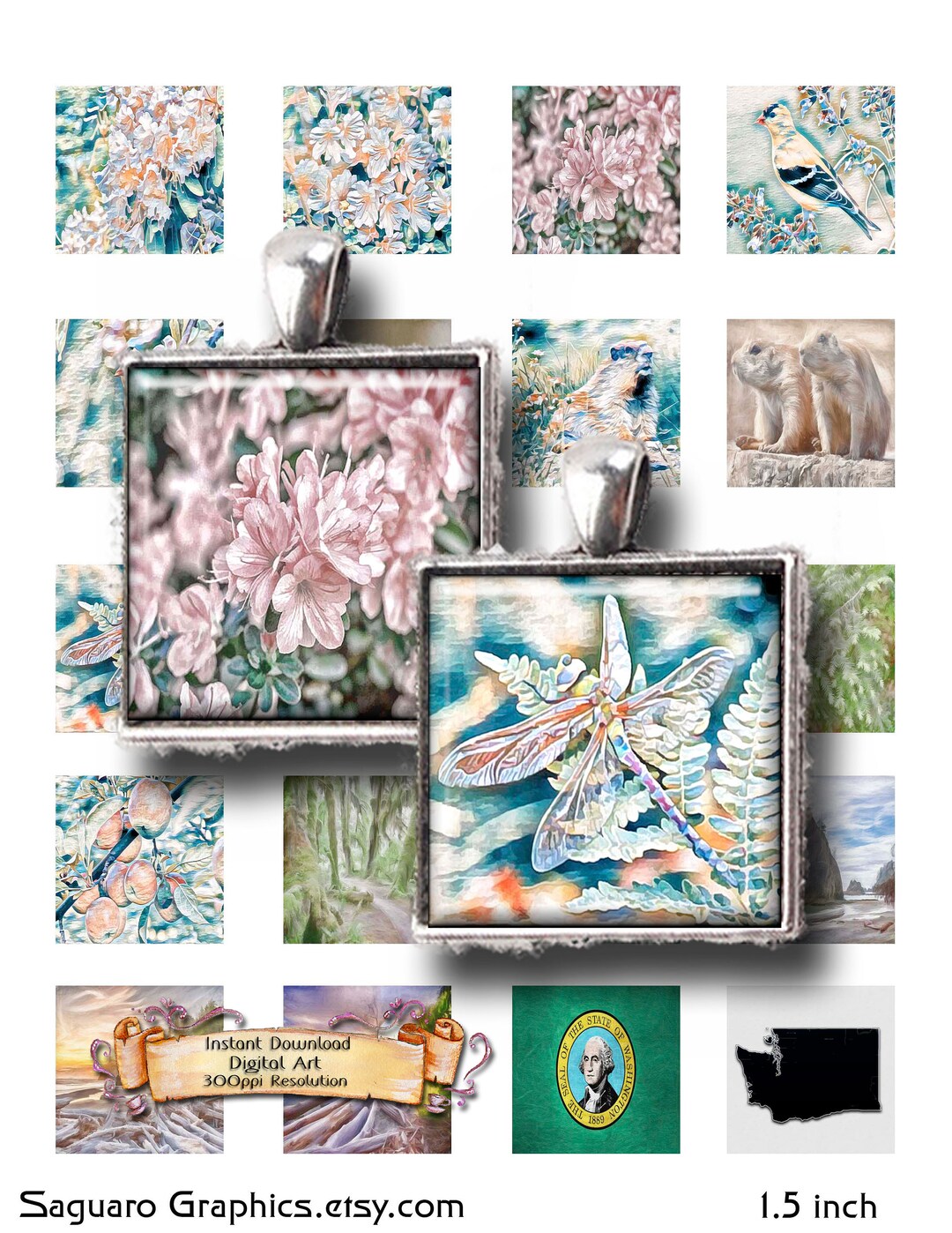 Washington US State Art Squares 1,5 & 1,0 inch, Instant Digital Art ...