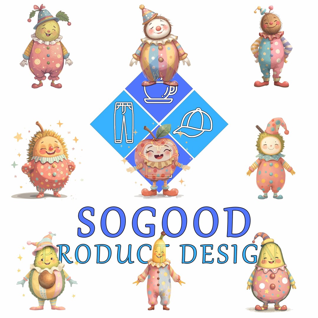 Whimsical Circus Clown Clipart: Fruit & Vegetable PNG Set (digital ...