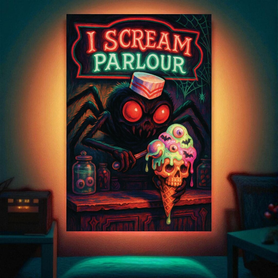 Creepy Spider Horror Poster, Ice Cream Skull Art Print, Retro Halloween ...
