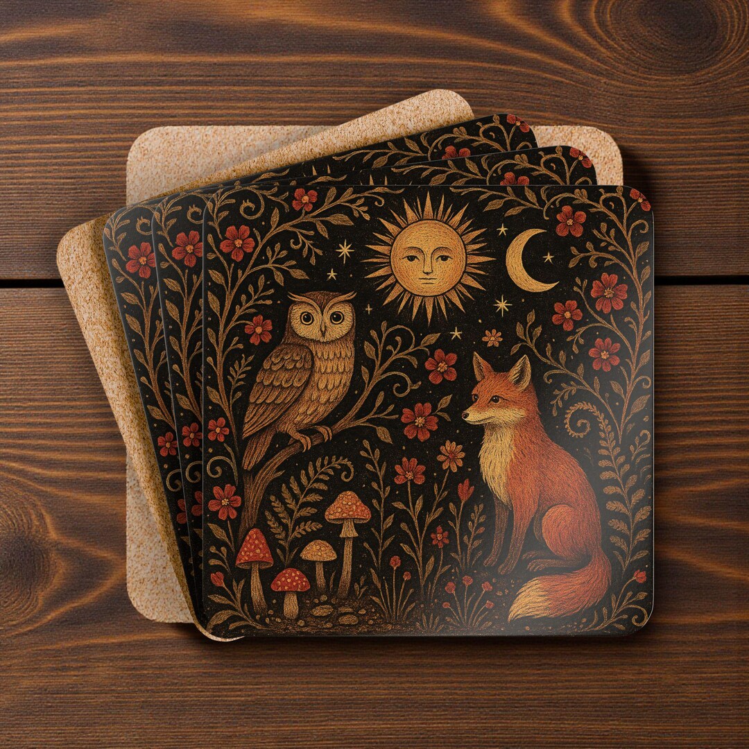 Woodland Fox and Owl Coaster Set, Rustic Drink Coasters, Cabin Decor ...