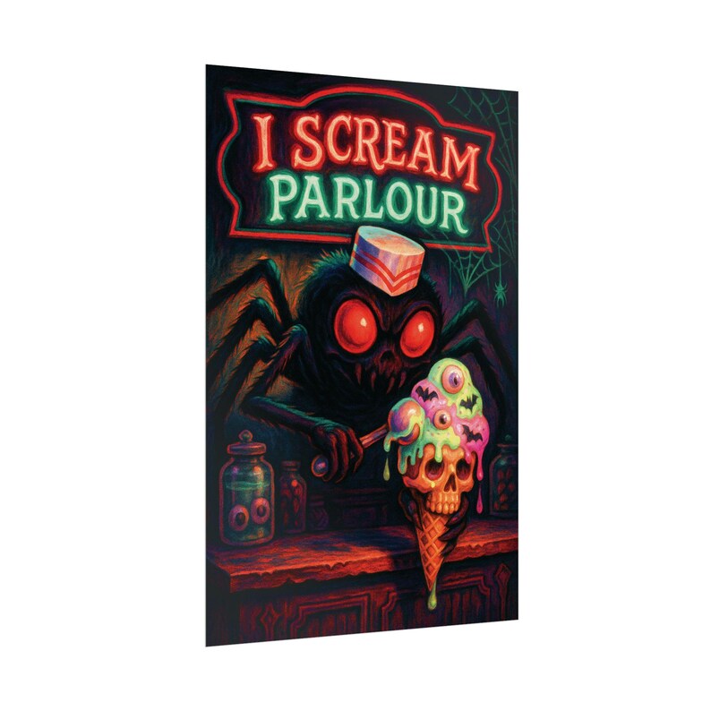 Creepy Spider Horror Poster, Ice Cream Skull Art Print, Retro Halloween ...