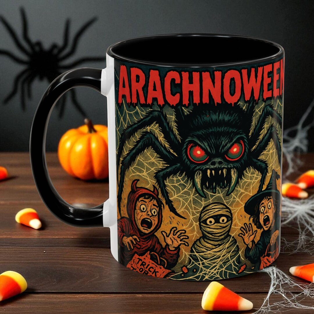 Retro Horror Comic Spider Mug, Vintage Halloween Coffee Cup, Creepy ...