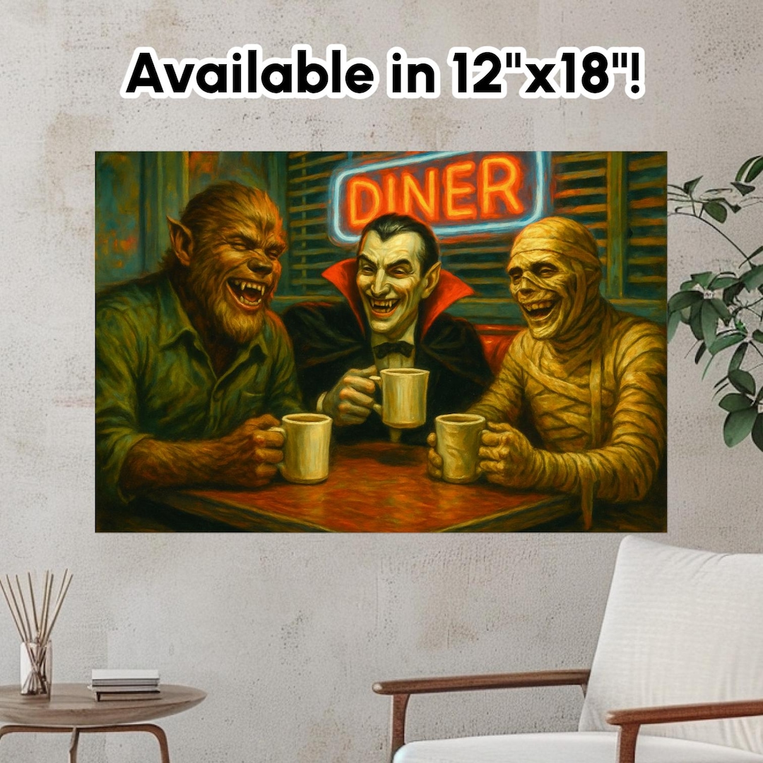 Classic Monsters Diner Poster, Retro Horror Art Print of Dracula ...