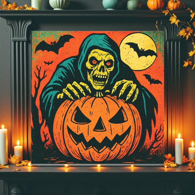 Retro Halloween Poster, Vintage Horror Skeleton & Pumpkin Wall Art ...